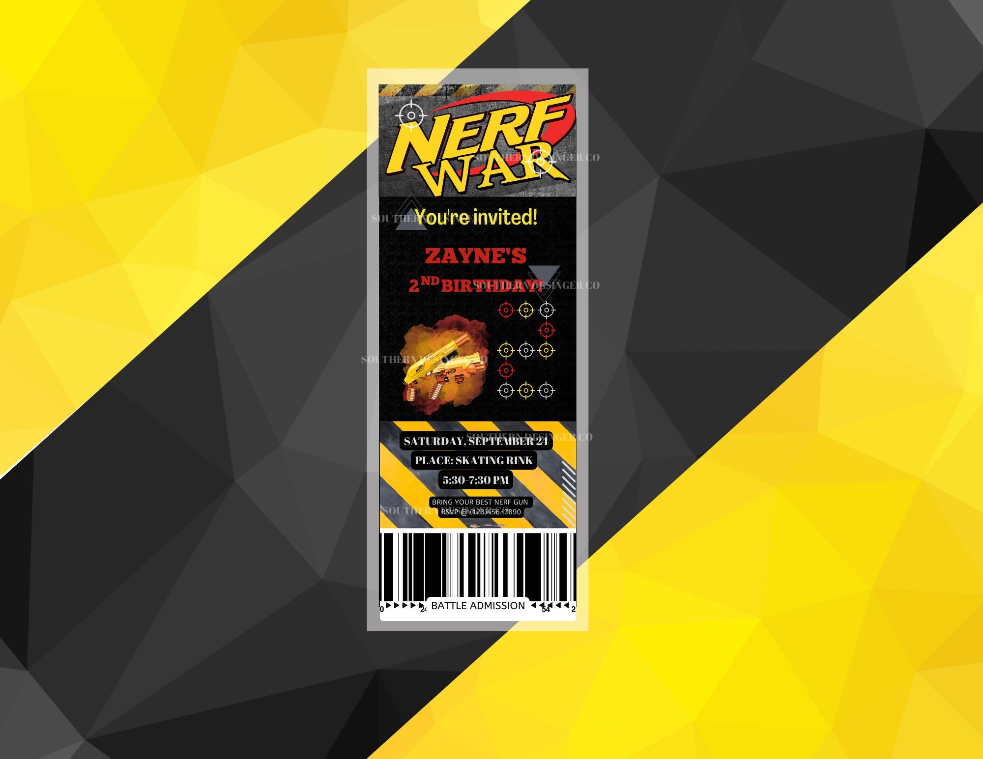 Editable Nerf War Ticket Birthday Party Invitation Boys Age 1 2 3 4 5 6 ...