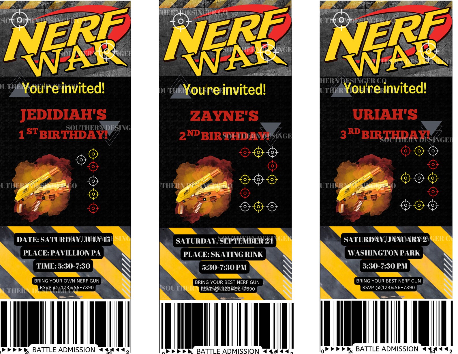 Editable Nerf War Ticket Birthday Party Invitation Boys Age 1 2 3 4 5 6 ...
