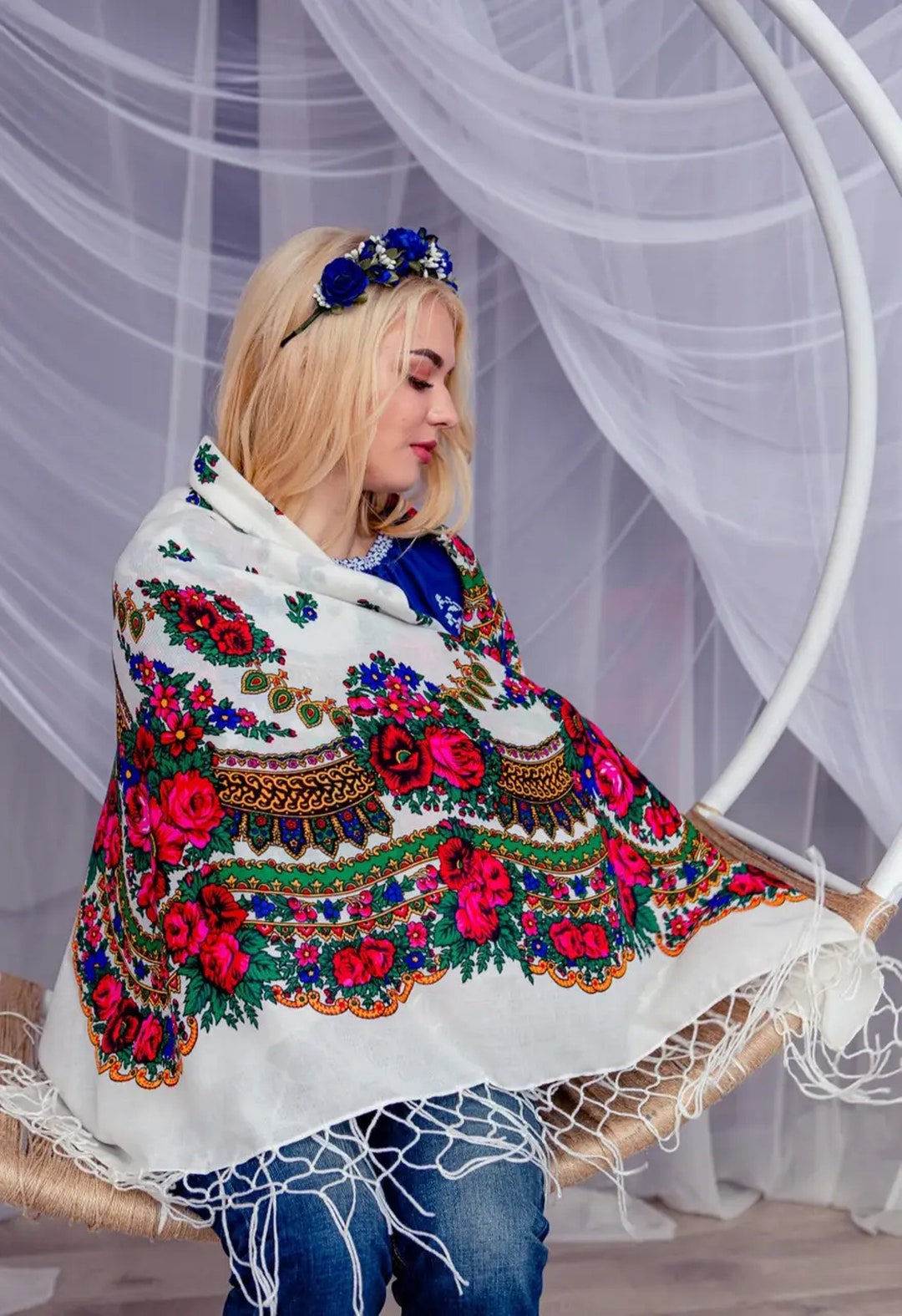 Large Traditional Ukrainian Shawl White Shawl With Floral Patterns and ...