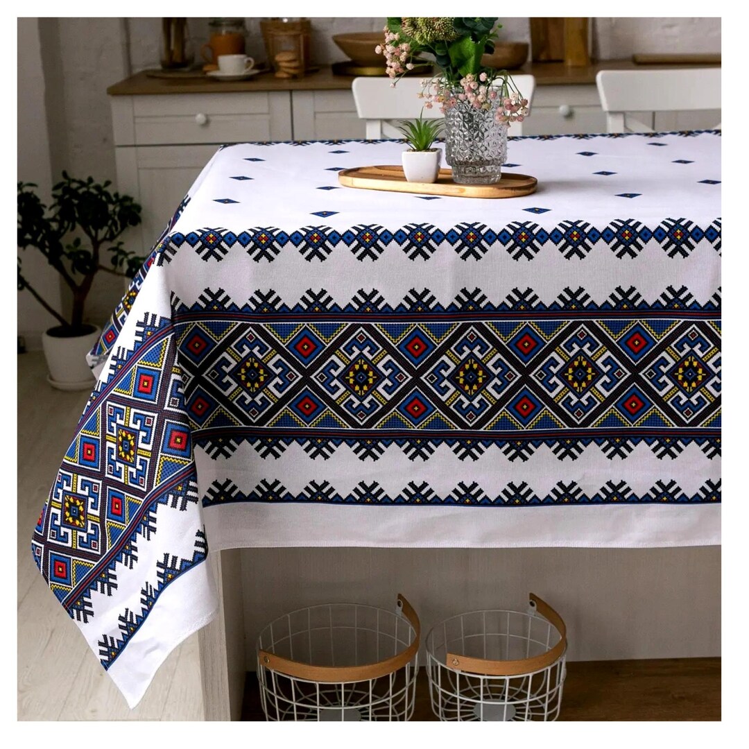 Ukrainian Cotton White Tablecloth With Blue Carpathian Ornament. Ethnic ...