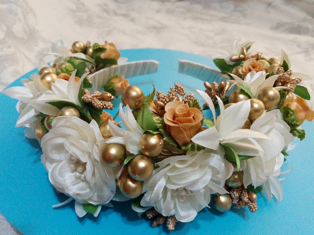 Ukrainian Flower Crown White-gold Color Wreath on the Head Handmade ...
