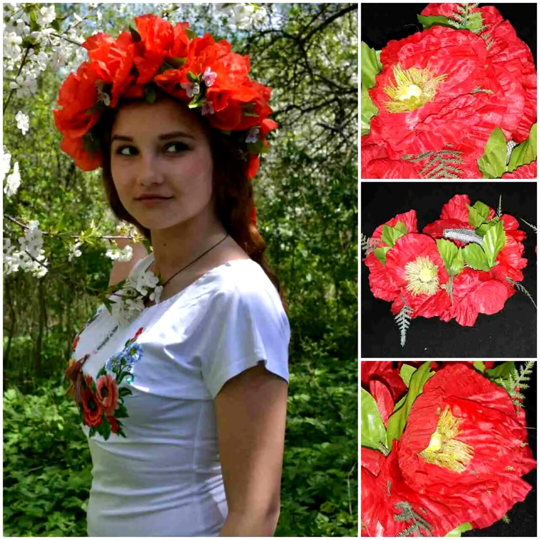 Ukrainian Flower Crown of Red Field Poppies Wreath on the Head - Etsy