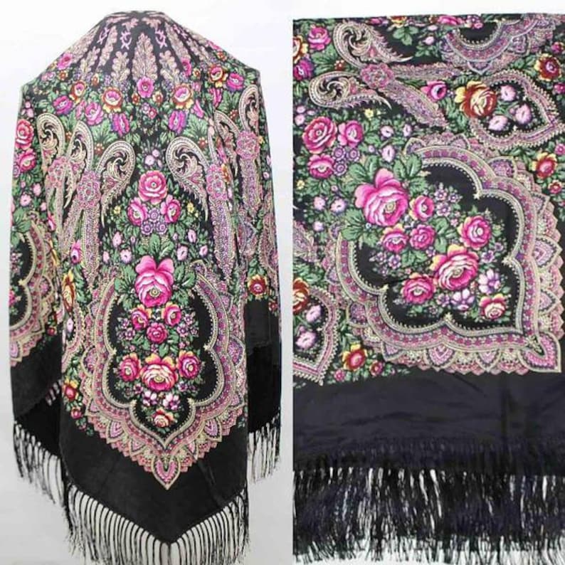Chal cuadrado negro estilo folk ucraniano estampado floral autenticidad ...