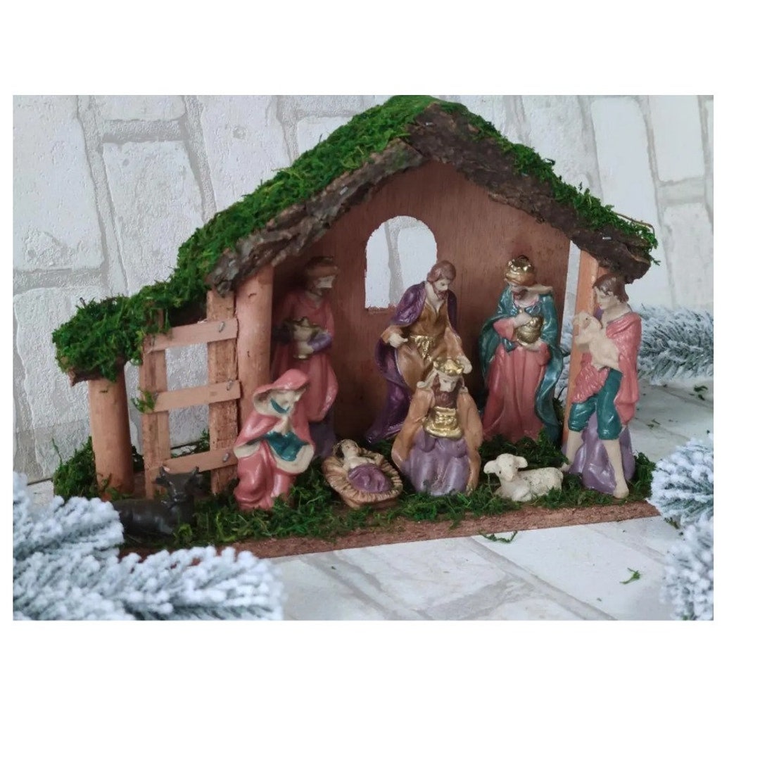 Nativity Scene Handmade From Wood, Ceramics, Moss Christmas. Cave. the ...