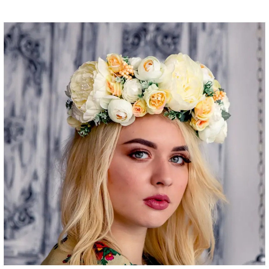 Beautiful Ukrainian Crown of Lush Milky Peonies. Handmade Flower Tiara ...