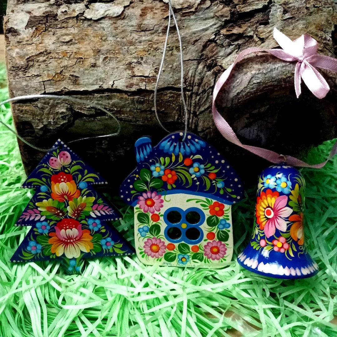 Set of Wooden Christmas Tree Decorations. Handmade Double-sided ...