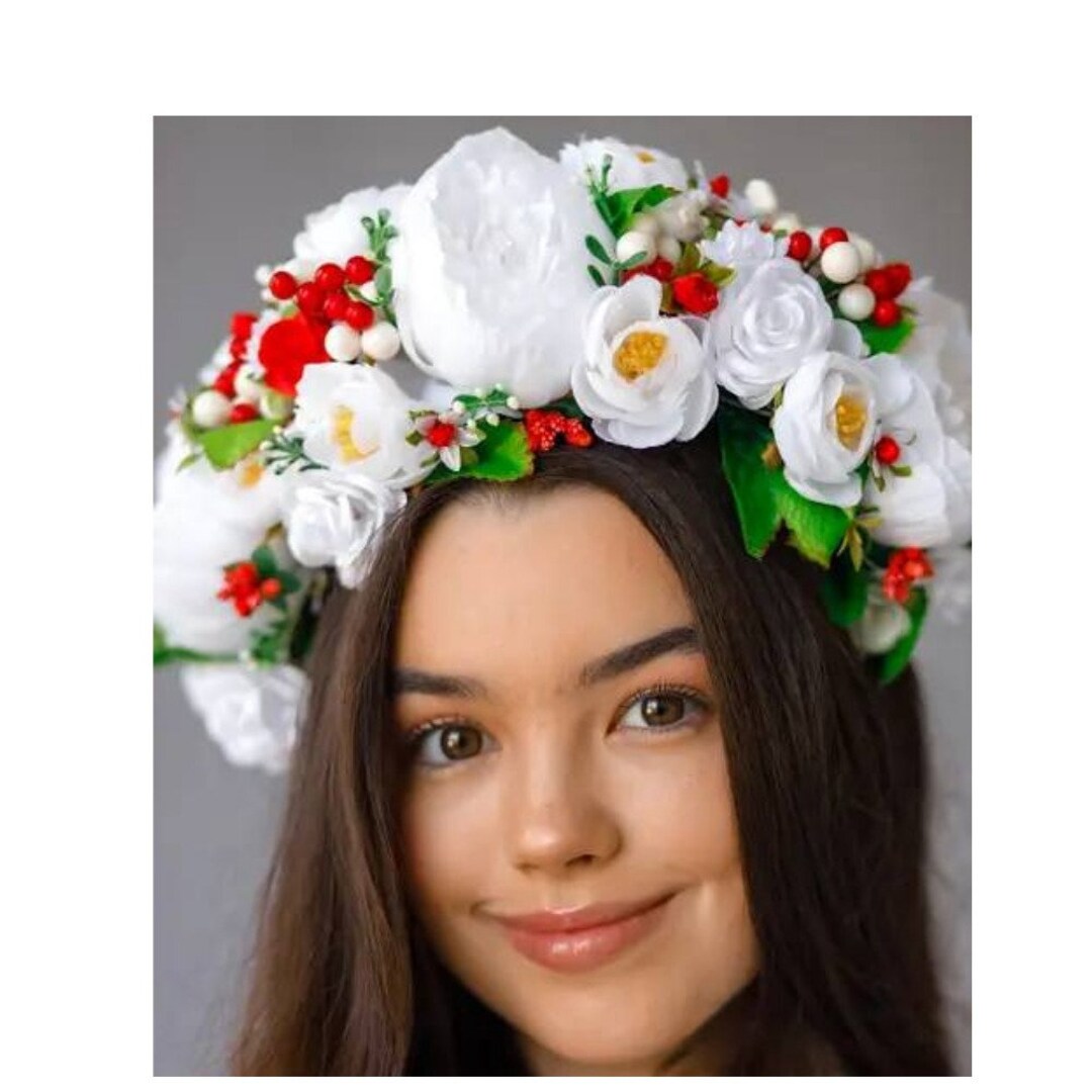 Beautiful Ukrainian Flower Crown of White Peonies and Red Viburnum ...
