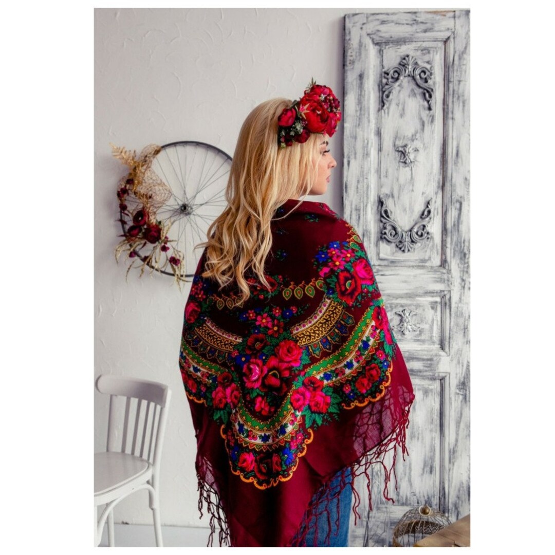 Large Square Ukrainian Woolen Scarf With Fringe. Wine Scarf With a ...