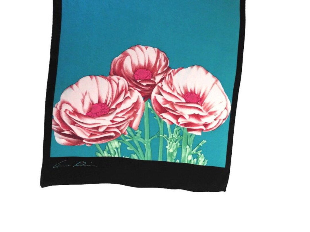 Vintage Hand Rolled Teal Silk Scarf With Flowers by Anne Klein for Vera ...