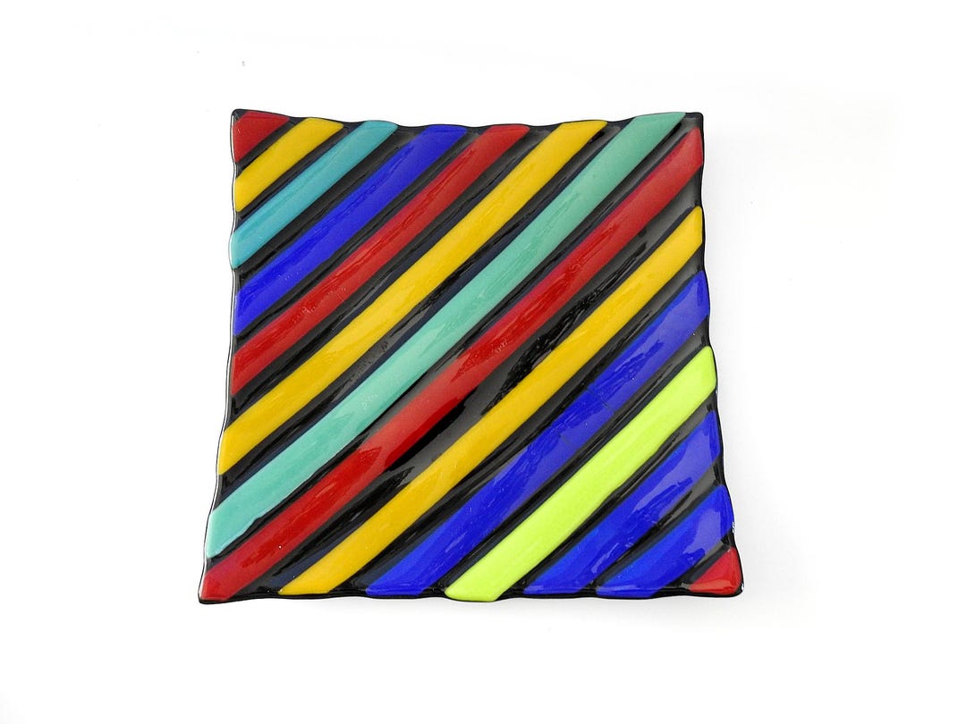 Vintage Artisan Fused Glass Plate Platter Handmade Diagonal Rainbow Stripes Decorative Bowl ...