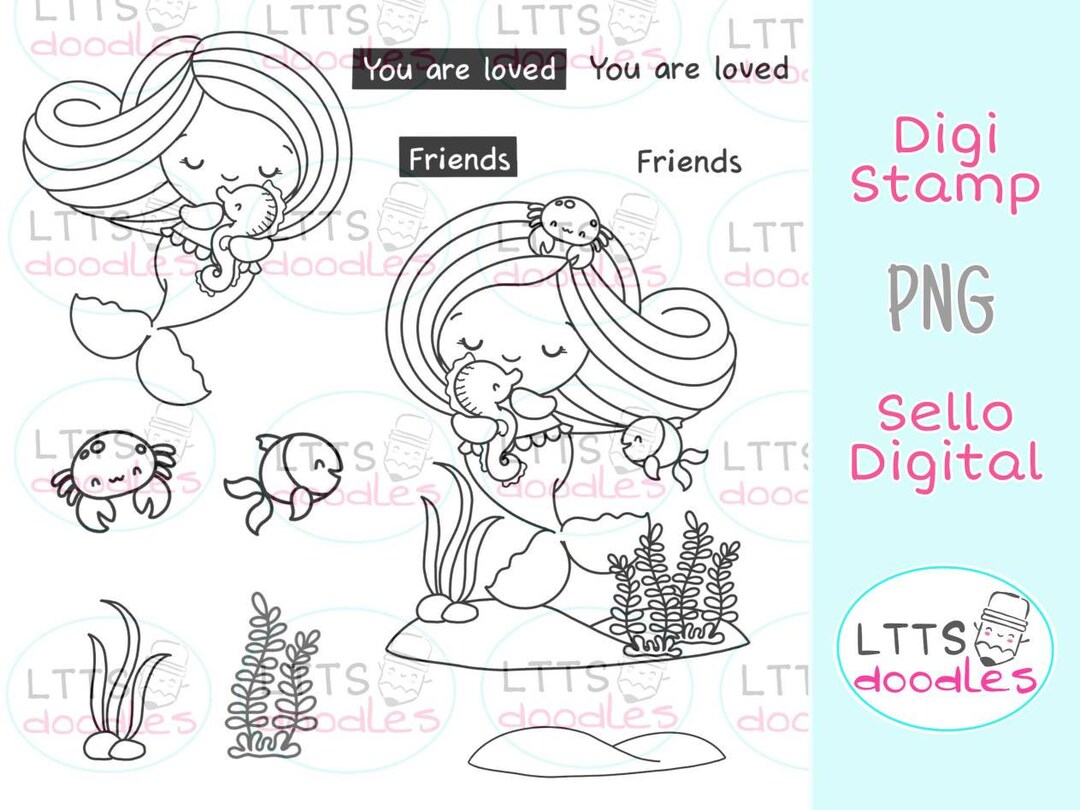 PNG Mermaid and Friends Digi Stamp, Sea Coloring Page, Summer Kids ...