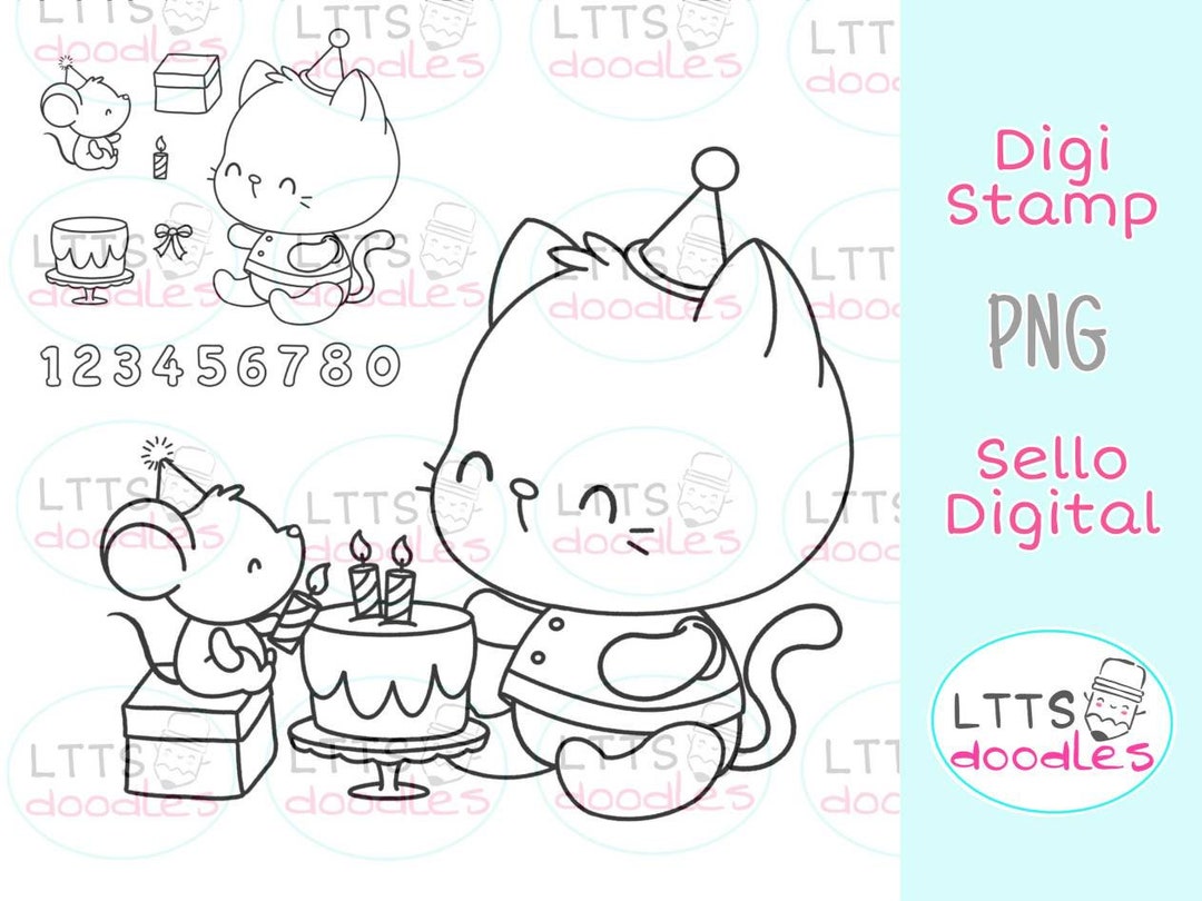 PNG Birthday Cat Digi Stamp-birthday Card Stamp-png Instant Download ...