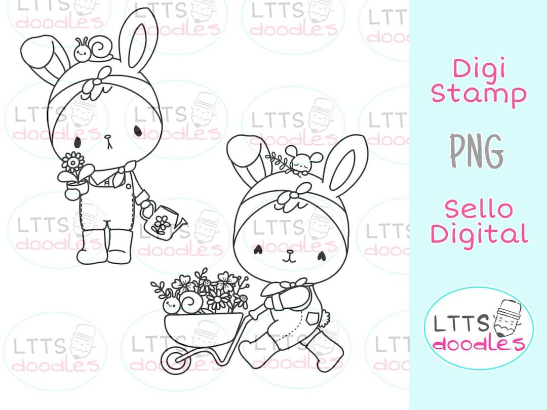 PNG Gardener Bunny Digi Stamp, Easter Coloring Page, Spring Kids Crafts ...