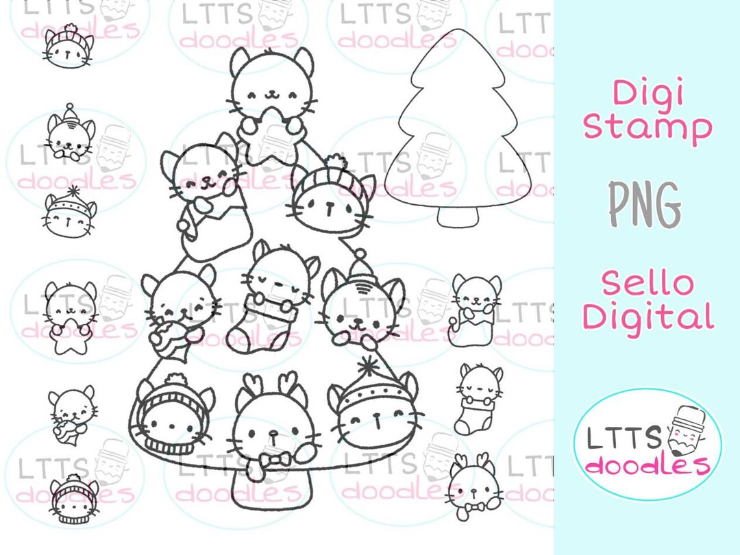 PNG Cats Xmas Tree Digi Stamp, Christmas Cats, Kids Crafts, Jpg Instant ...