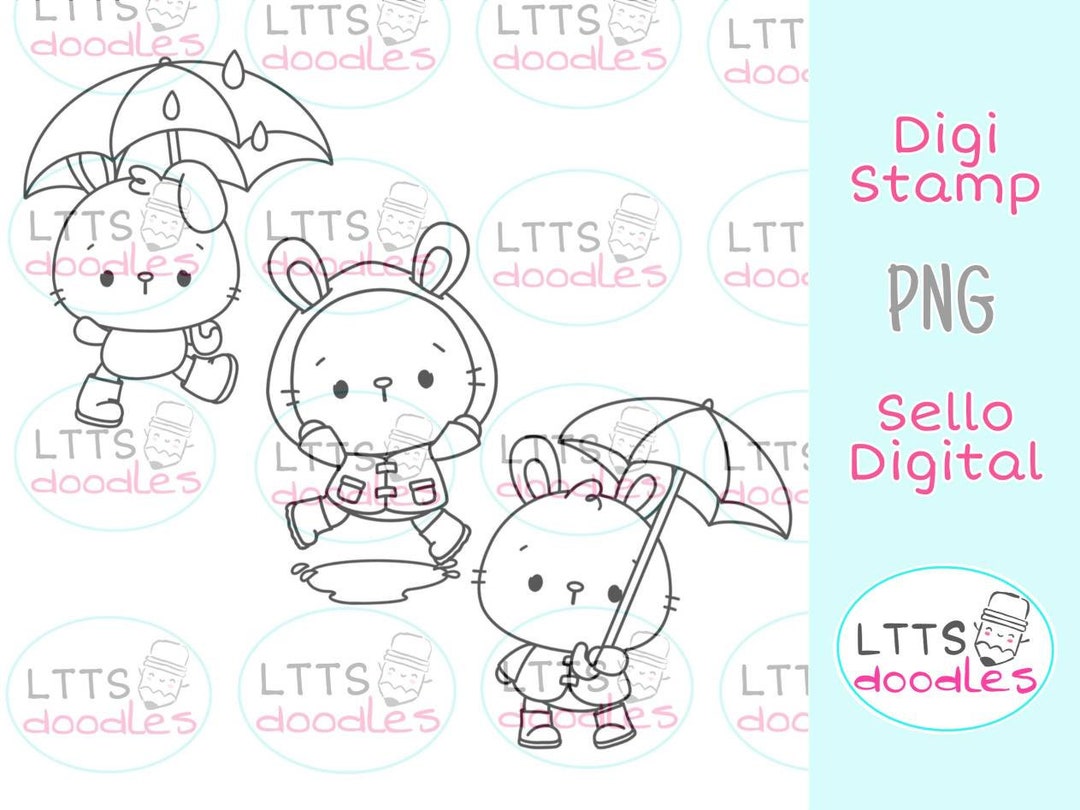 PNG Rainy Day Digi Stamp, Cute Bunnies Stamp, Spring Illustration ...