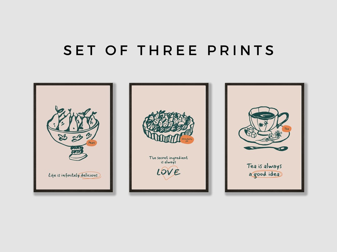 Artisan Kitchen Prints Set of Three Tea Print Pears Love Hand Drawn ...