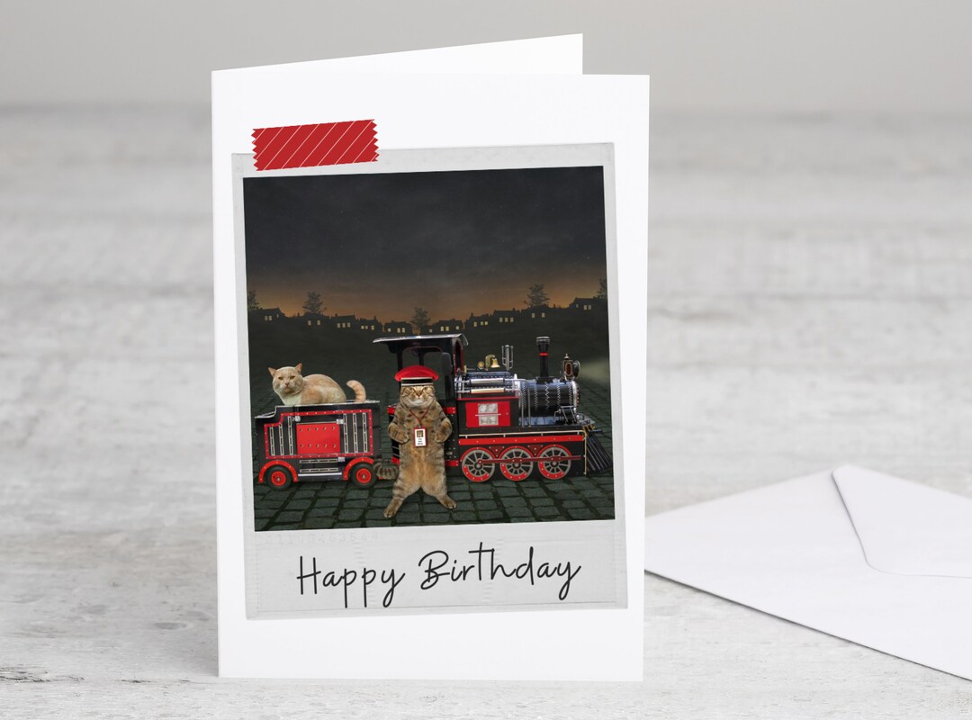 Steam Train Cats Birthday Greeting Card Funny Cat Birthday Card Railway ...
