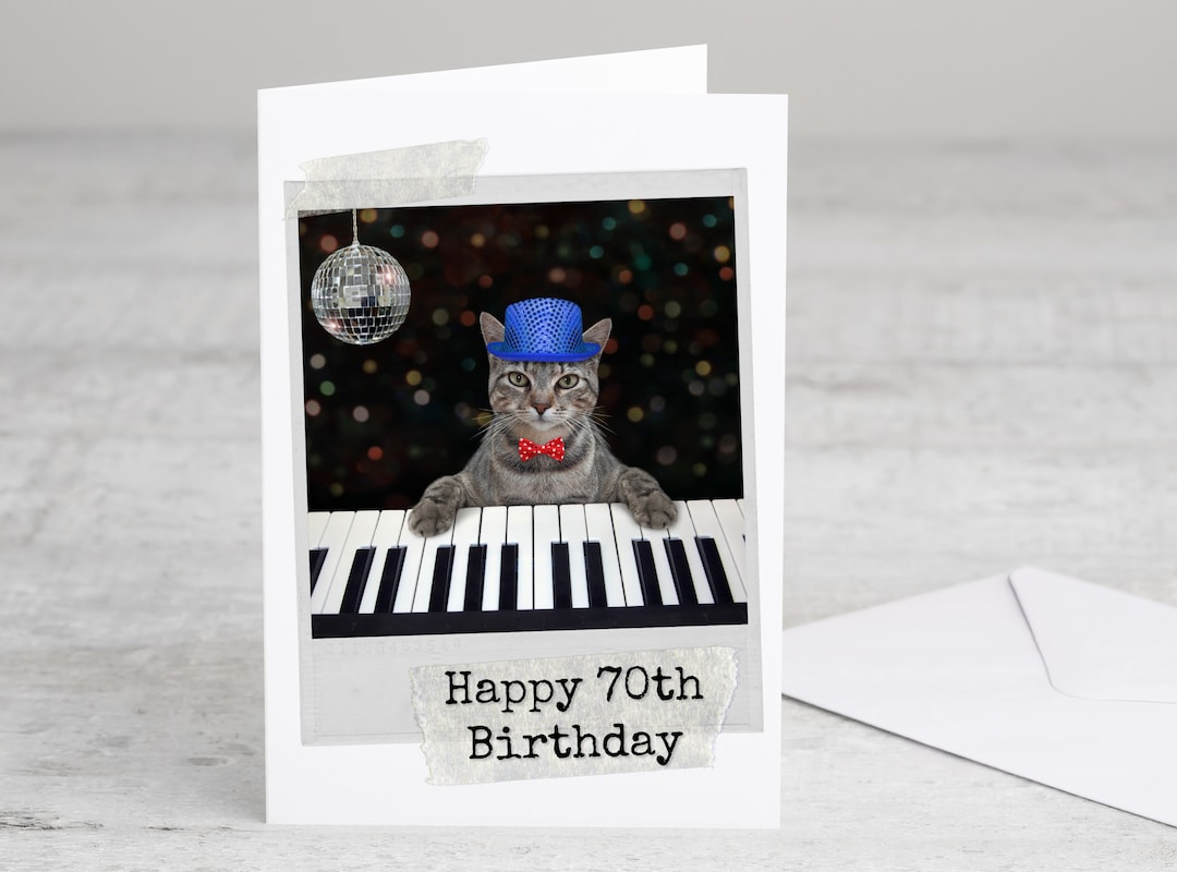70th Birthday Cat Pianist Greeting Card Funny Music Theme With Piano ...