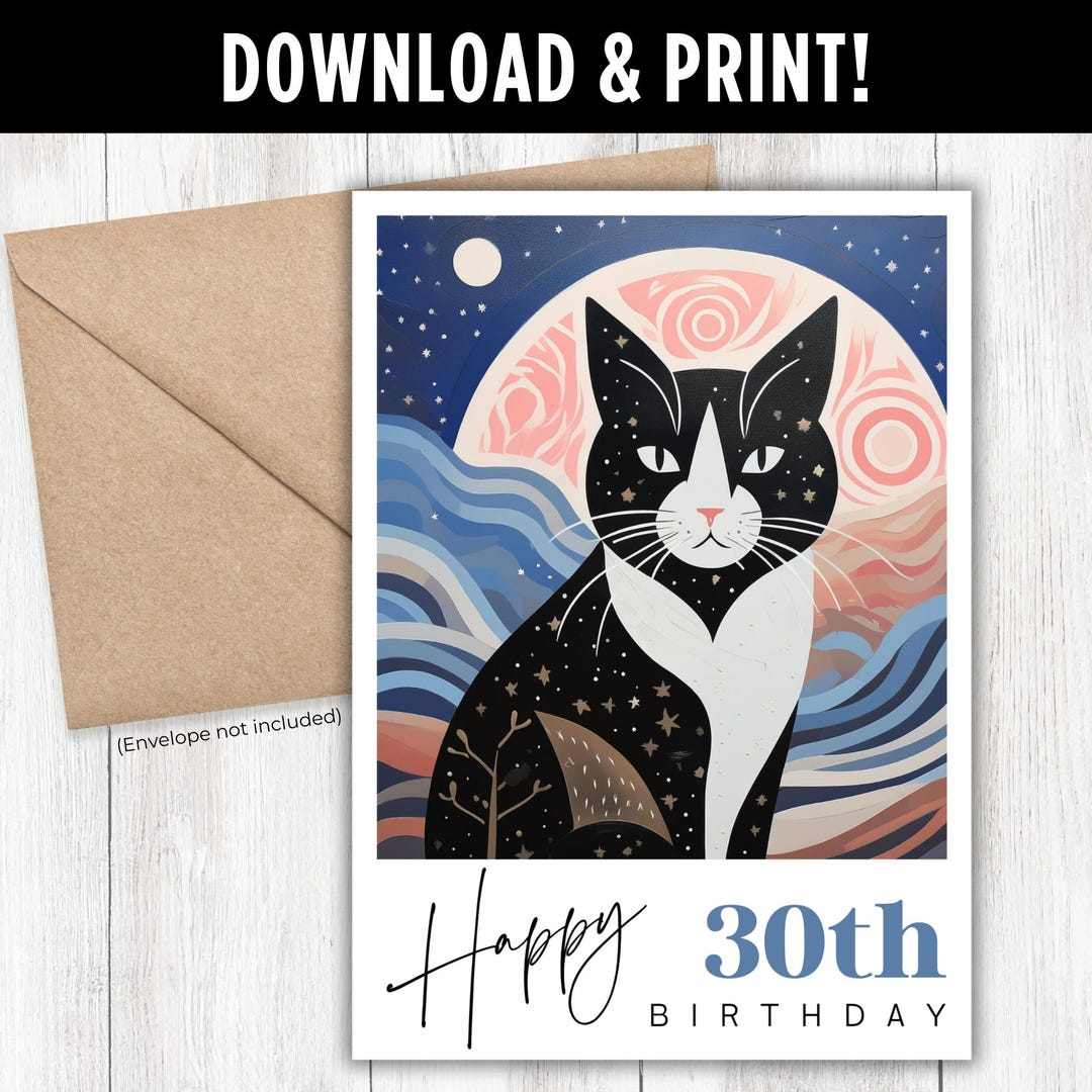 Celestial Cat 30th Birthday Card | Black and White Cat Digital Download ...