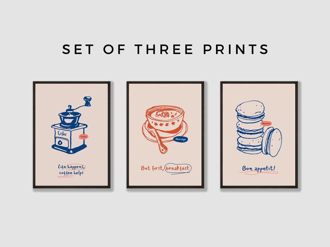 Artisan Kitchen Prints Set of Three Hand Drawn Food and Drink Prints ...