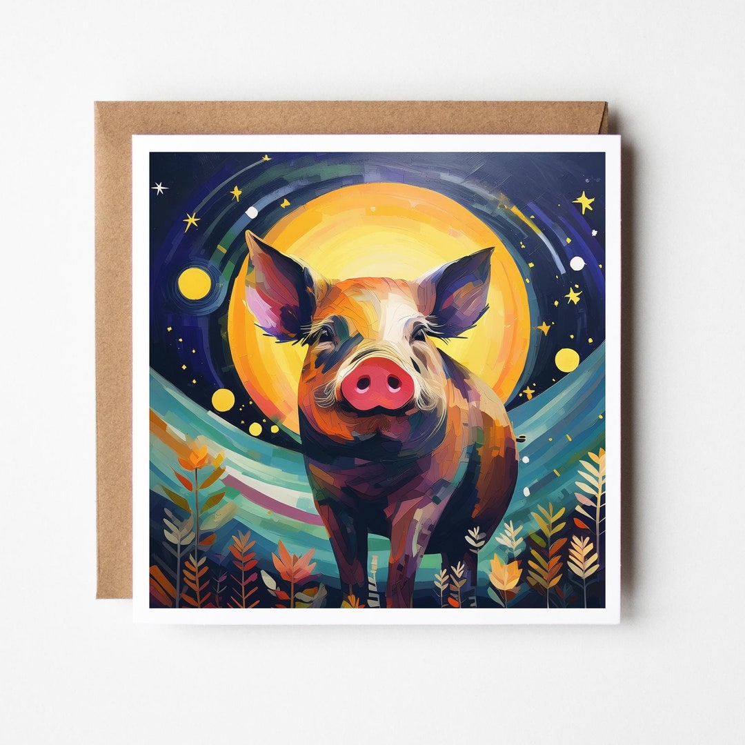 Pig Art Greeting Card Square Greetings Card Blank Inside or Add Your ...