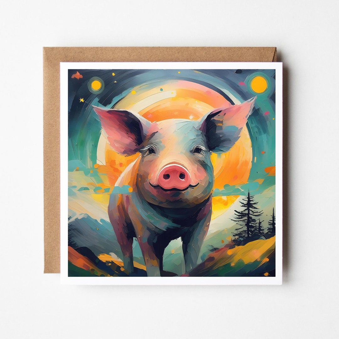 Pig Art Greeting Card Square Greetings Card Blank Inside or Add Your ...