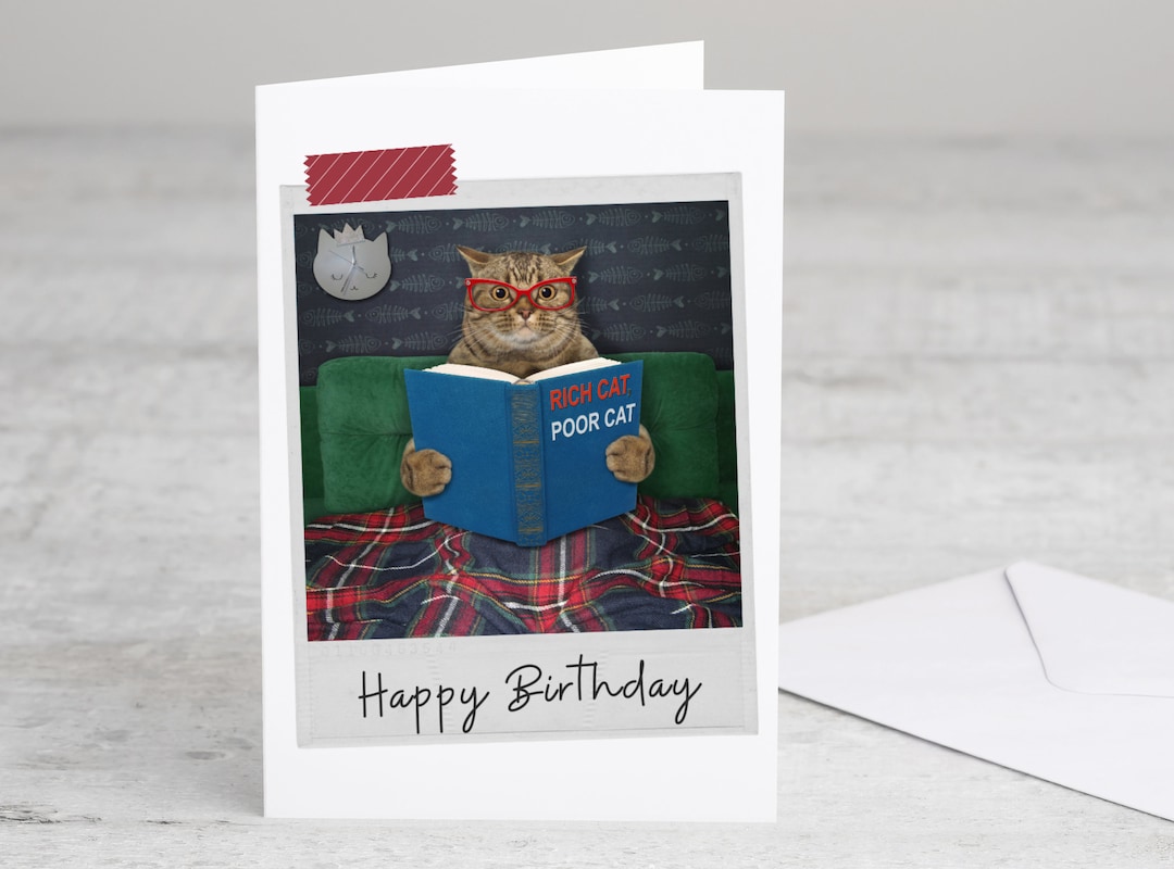 Bookworm Cat Birthday Greeting Card Funny Cat Birthday Card Cat Reading ...
