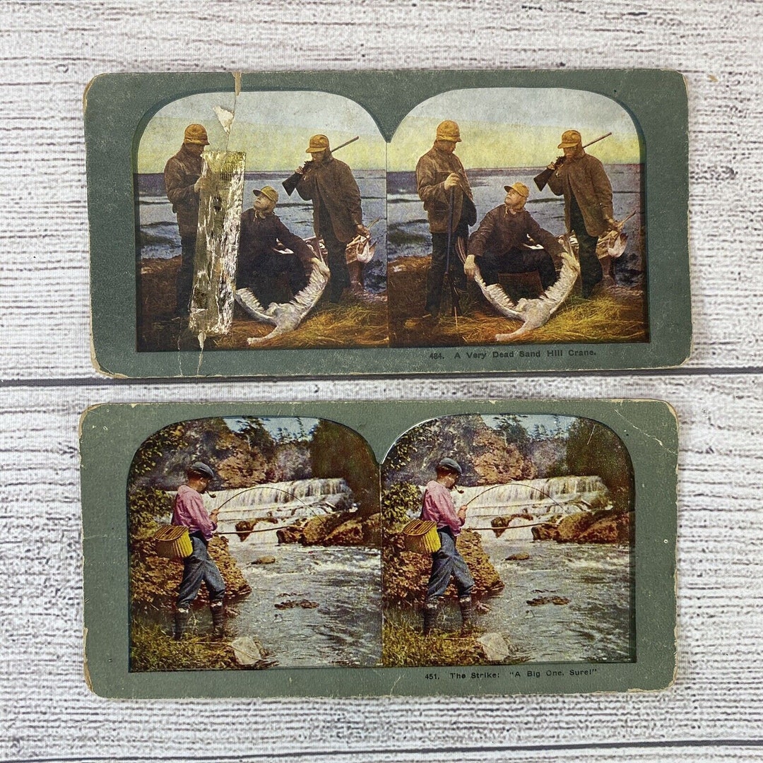 2 Antique Stereograph Viewer Cards Color Photographs Hunting & Fishing ...