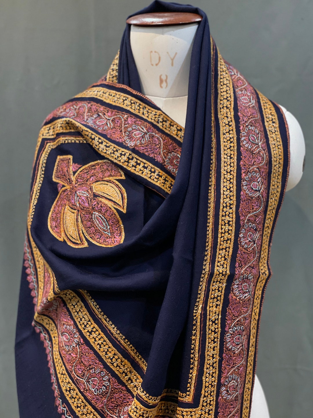 Designer Kashmiri Sozni Tilla Embroidery Pure Wool Shawl Wrap, Cashmere ...