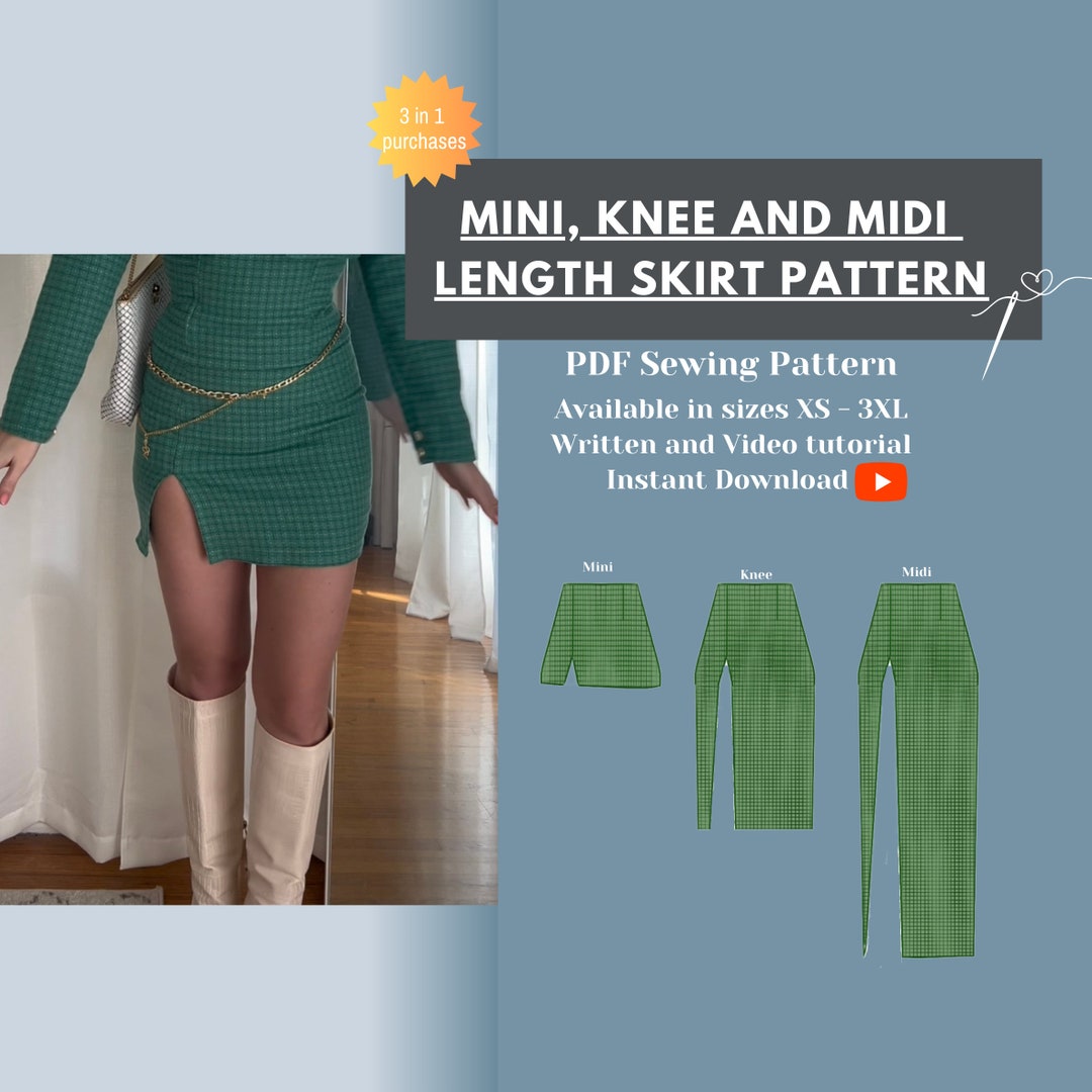 Skirt With Slit PDF Pattern L Mini, Knee and Midi Length L Sizes XS ...
