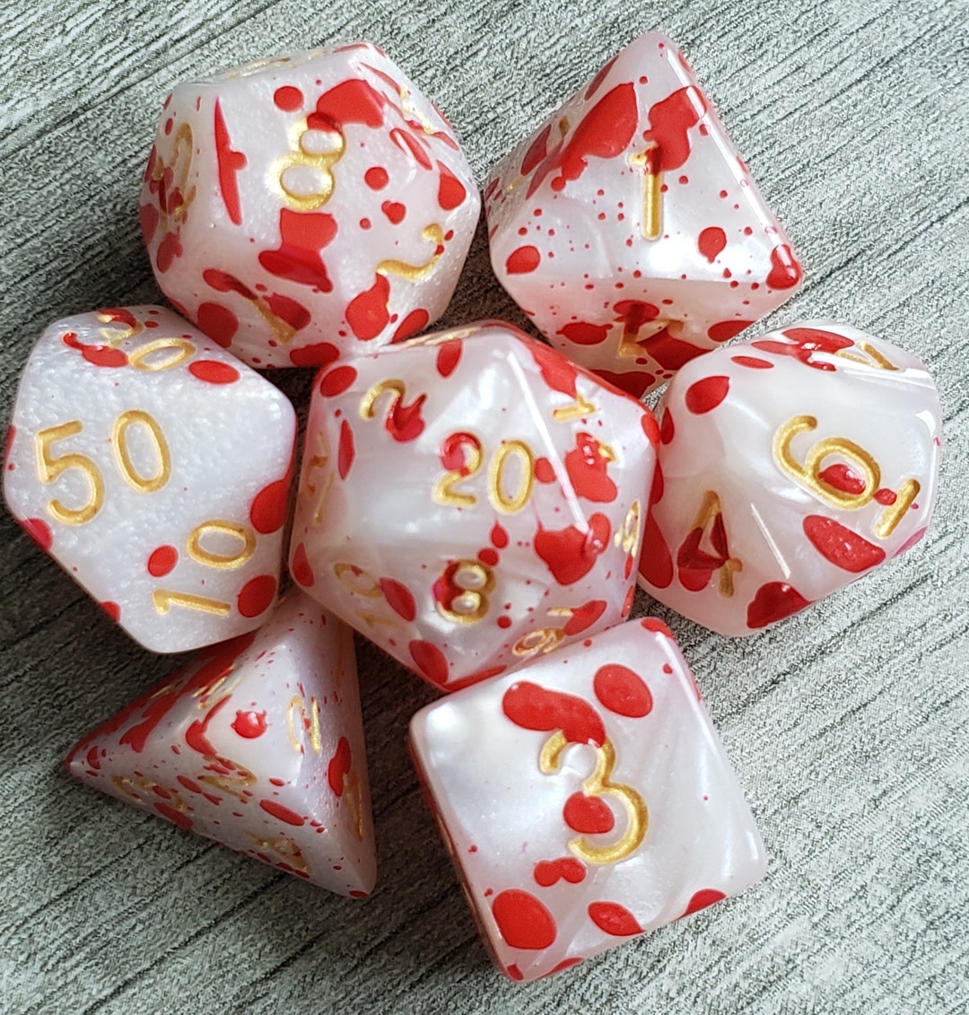 Blood Splatter White Pearl 7 Pc Dice Set Dragon Hoard Tabletop RPG Dice ...
