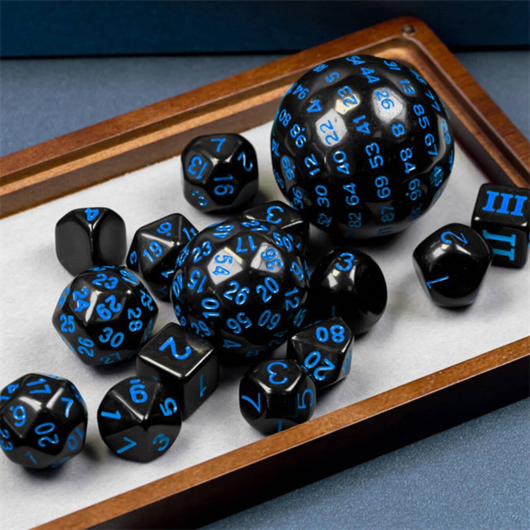 15pc Ultimate Dice Set, Blue Font D100 D60 D30 D24 D20 D16 D12 D% D10 ...