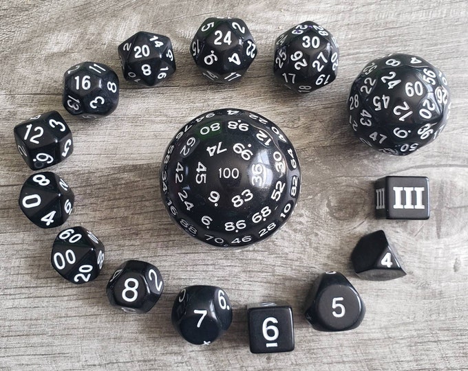 15pc Ultimate Dice Set, White Font D100 D60 D30 D24 D20 D16 D12 D% D10 ...