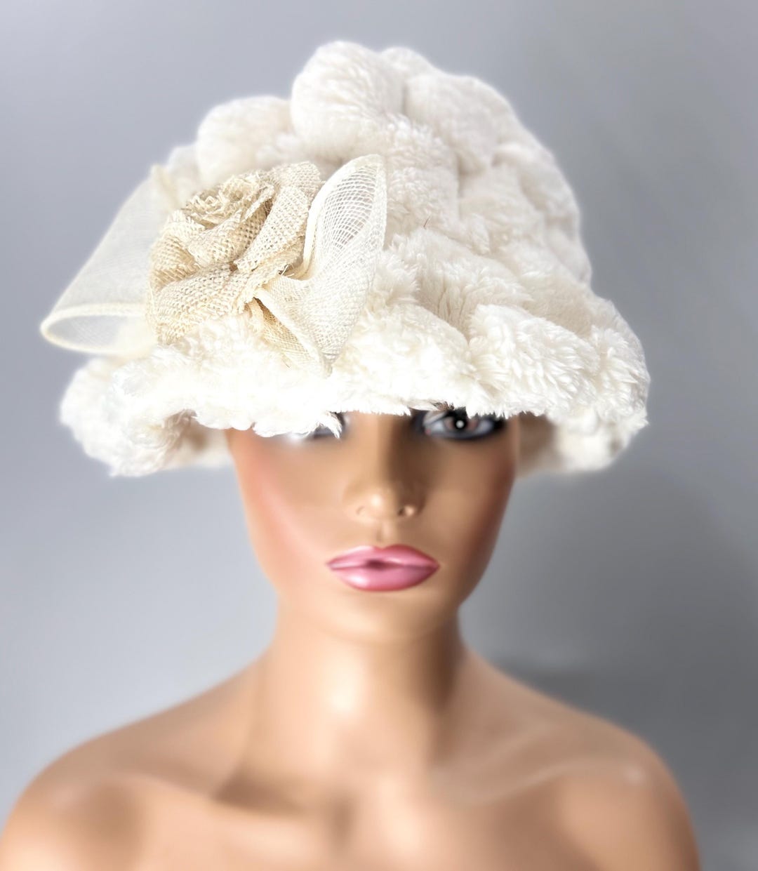 Whimsical Winter White and Cream Furry Hat/bucket Hat/ Cloche Hat ...