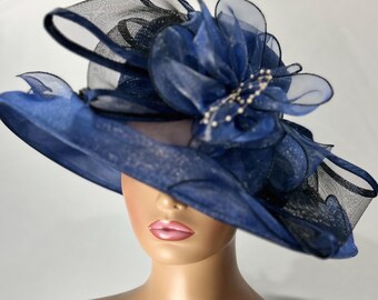 Fancy Navy Blue Organza Hat, Church Hat,kentucky Derby Hat, Audrey ...
