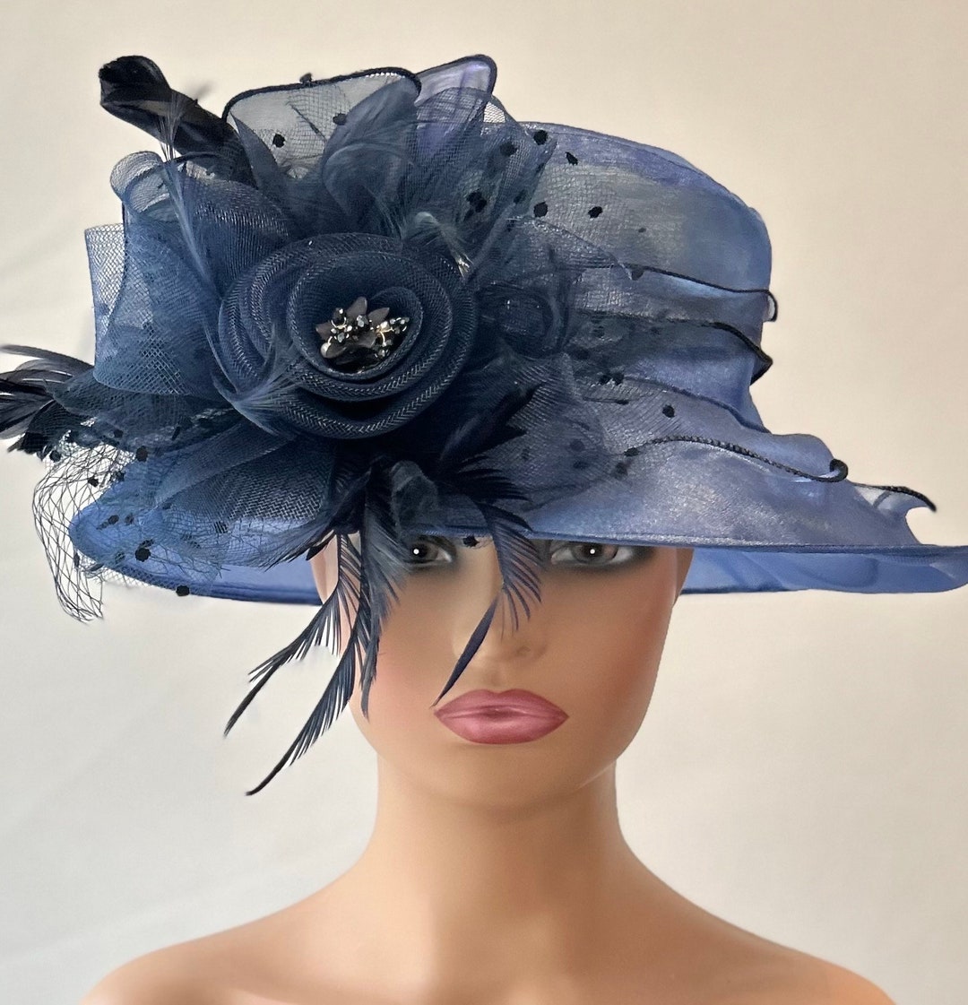 Fancy Navy Blue Organza Hat, Church Hat,kentucky Derby Hat, Audrey ...