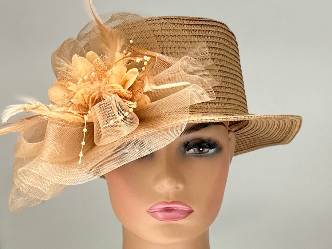 Unique Tan Straw Hat /kentucky Derby Hat /easter Hat/ Church Hat /tea ...