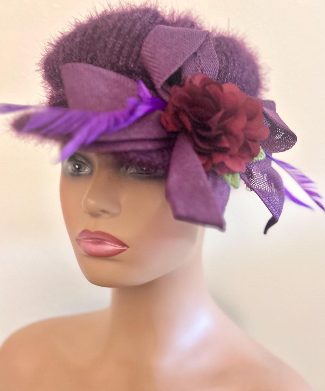 Cable Knit Winter Cap: Plum Newsboy Style, Linen Bow & Flower - Etsy