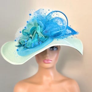 Aqua Blue Kentucky Derby Hat, Teal Floral Straw Brim, Handmade - Etsy