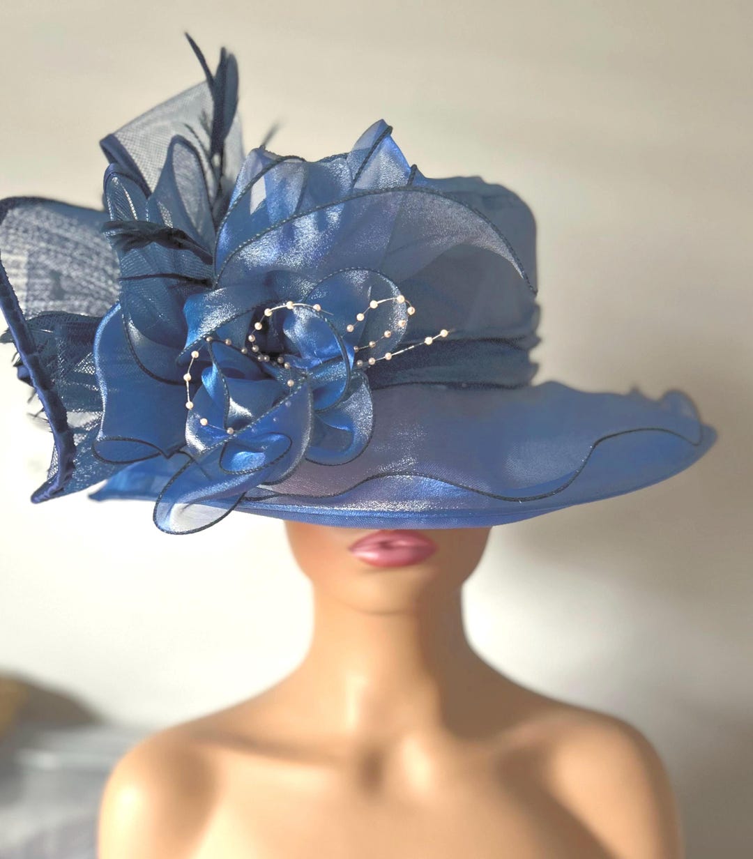 Fancy Navy Blue Organza Hat, Church Hat,kentucky Derby Hat, Audrey ...