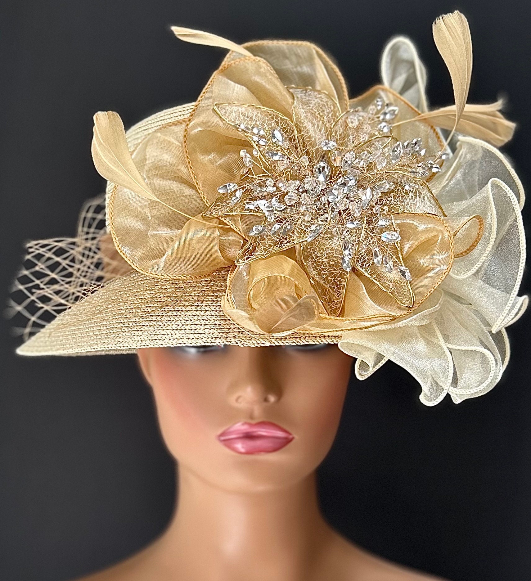 Dramatic Ivory and Pale Gold Hat/kentucky Derby Hat /easter Hat/ Church ...