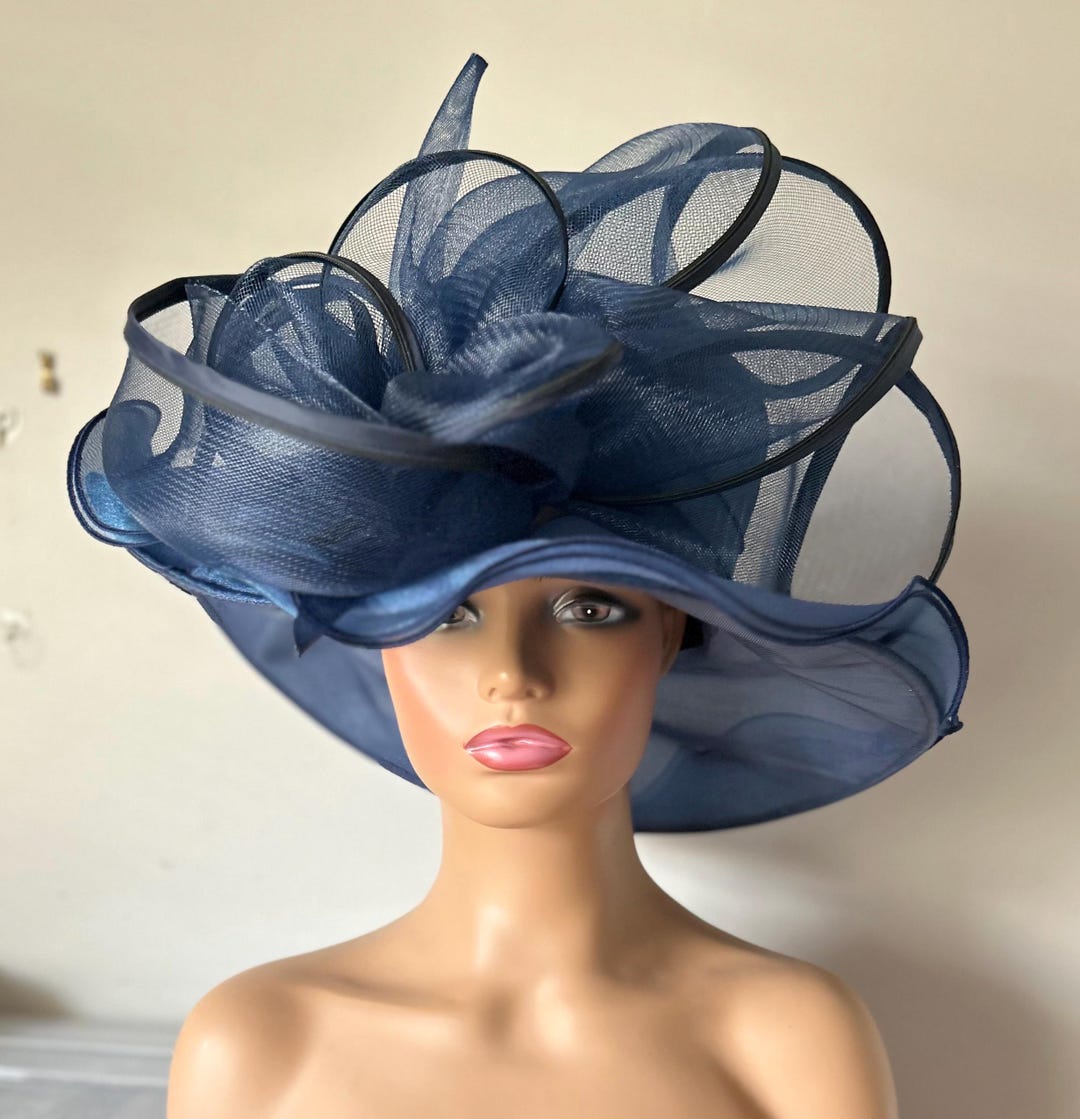Fancy Navy Blue Organza Hat, Church Hat,kentucky Derby Hat, Audrey ...