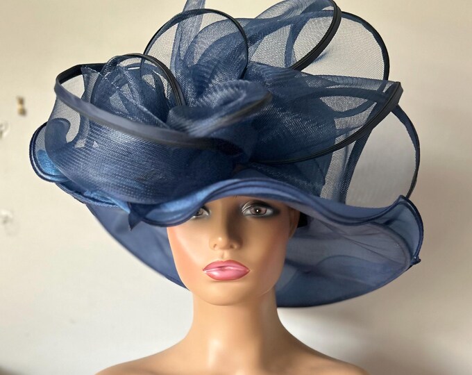Fancy Navy Blue Organza Hat, Church Hat,kentucky Derby Hat, Audrey ...