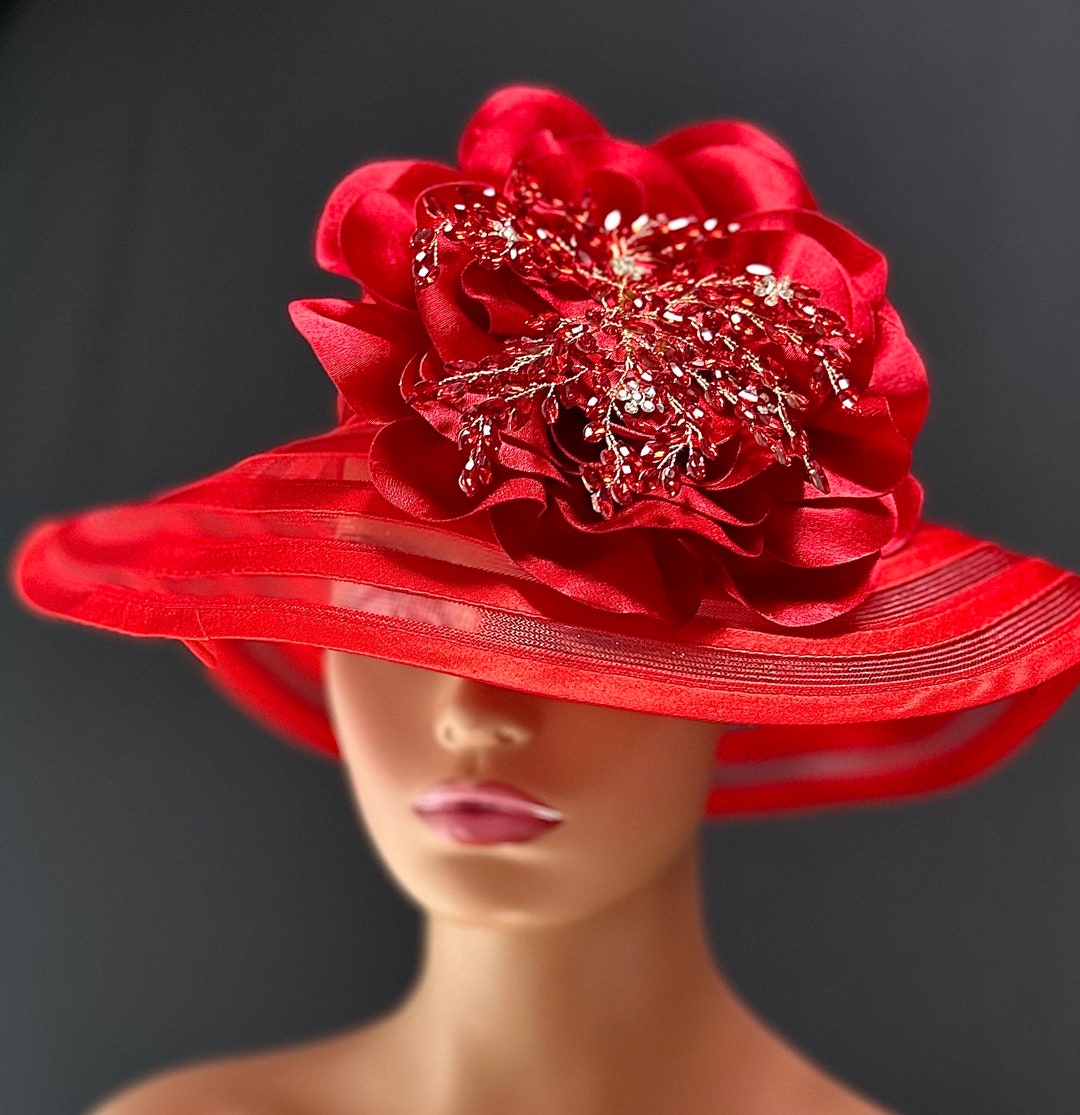 Lovely Red Satin Striped Hat,easter Hat, Church Hat,kentucky Derby Hat ...