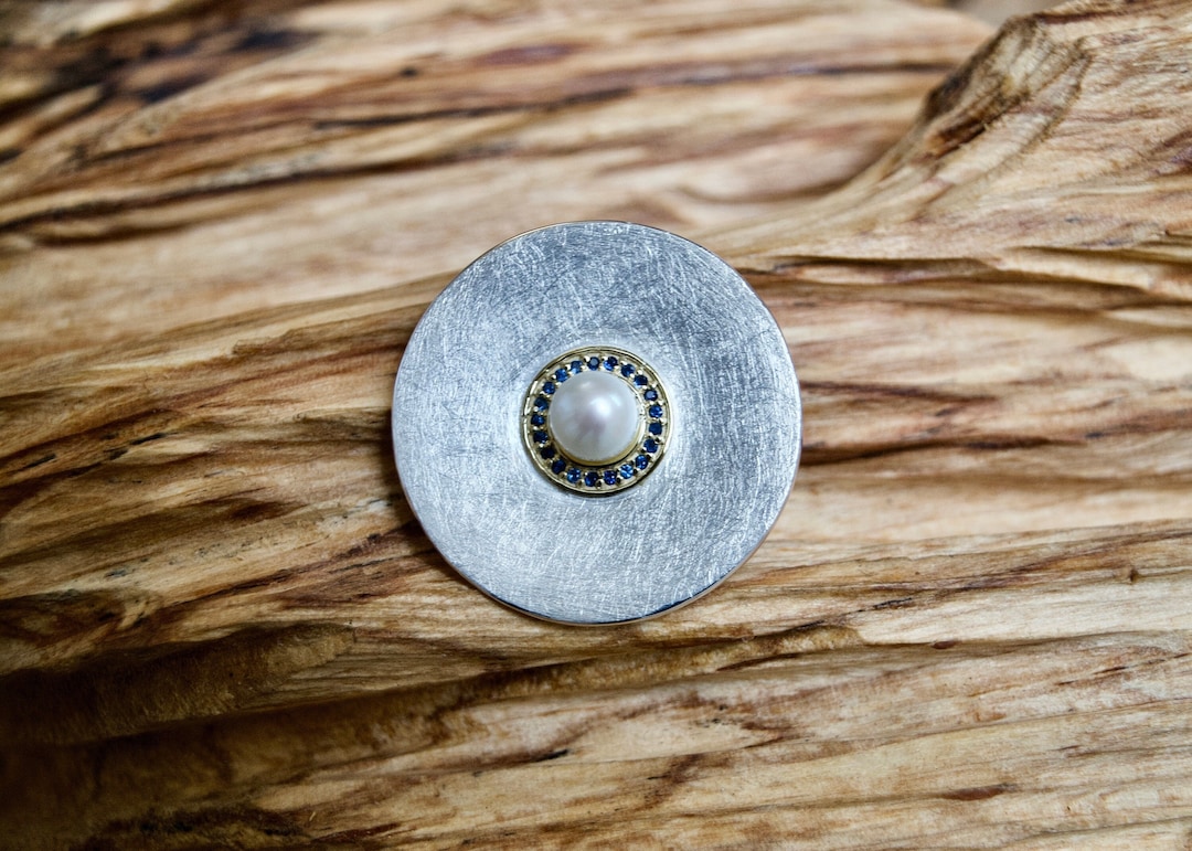 Perla colgante, zafiro, plata mate, cepillado, parcialmente chapado en ...