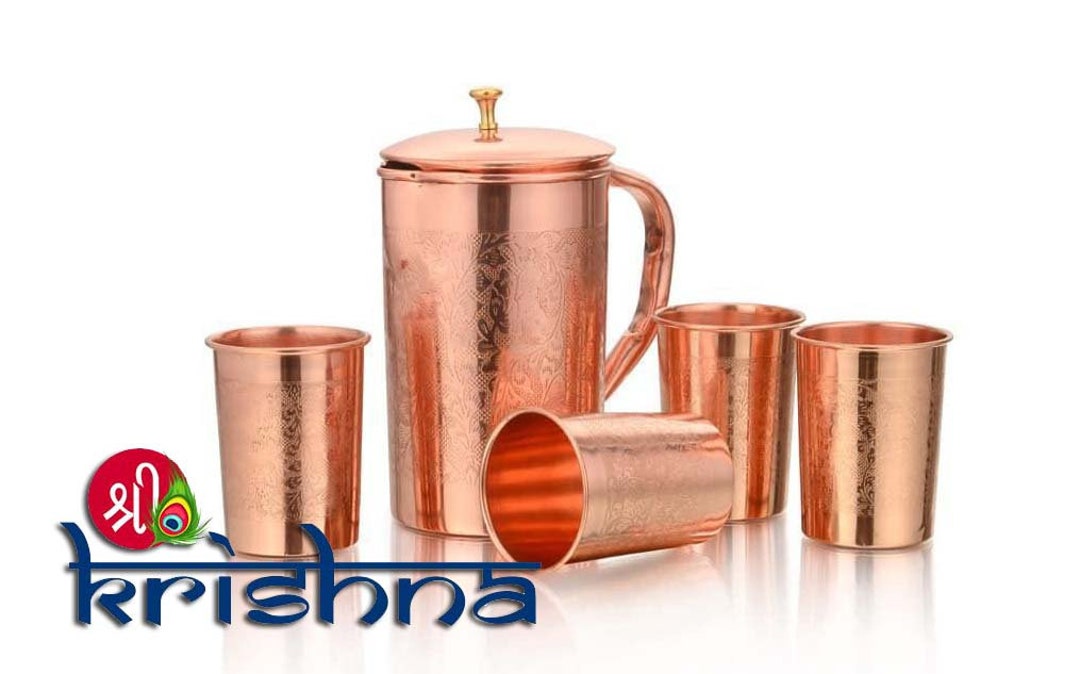 Beautiful Handmade Hand Emboss Finish Pure Copper Water Pitcher With 4 ...