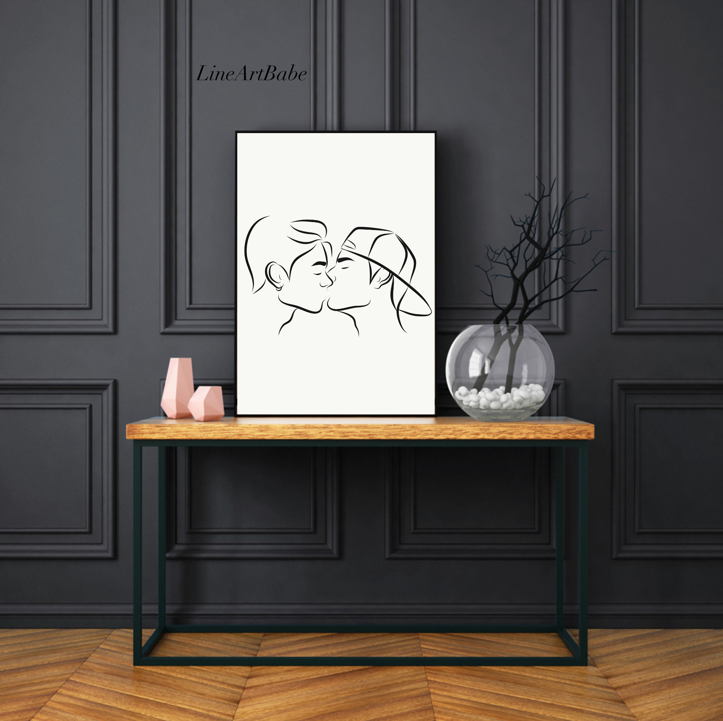 Gay Kiss Line Art, LGBT Couple Print, Two Man Love Drawing, Two Men ...
