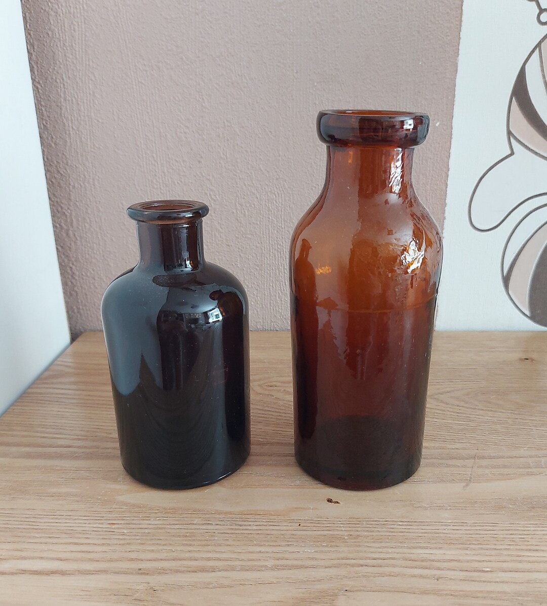 Vintage Small Brown Glass Apothecary Bottle SET 2, Vintage Bottle, Home ...