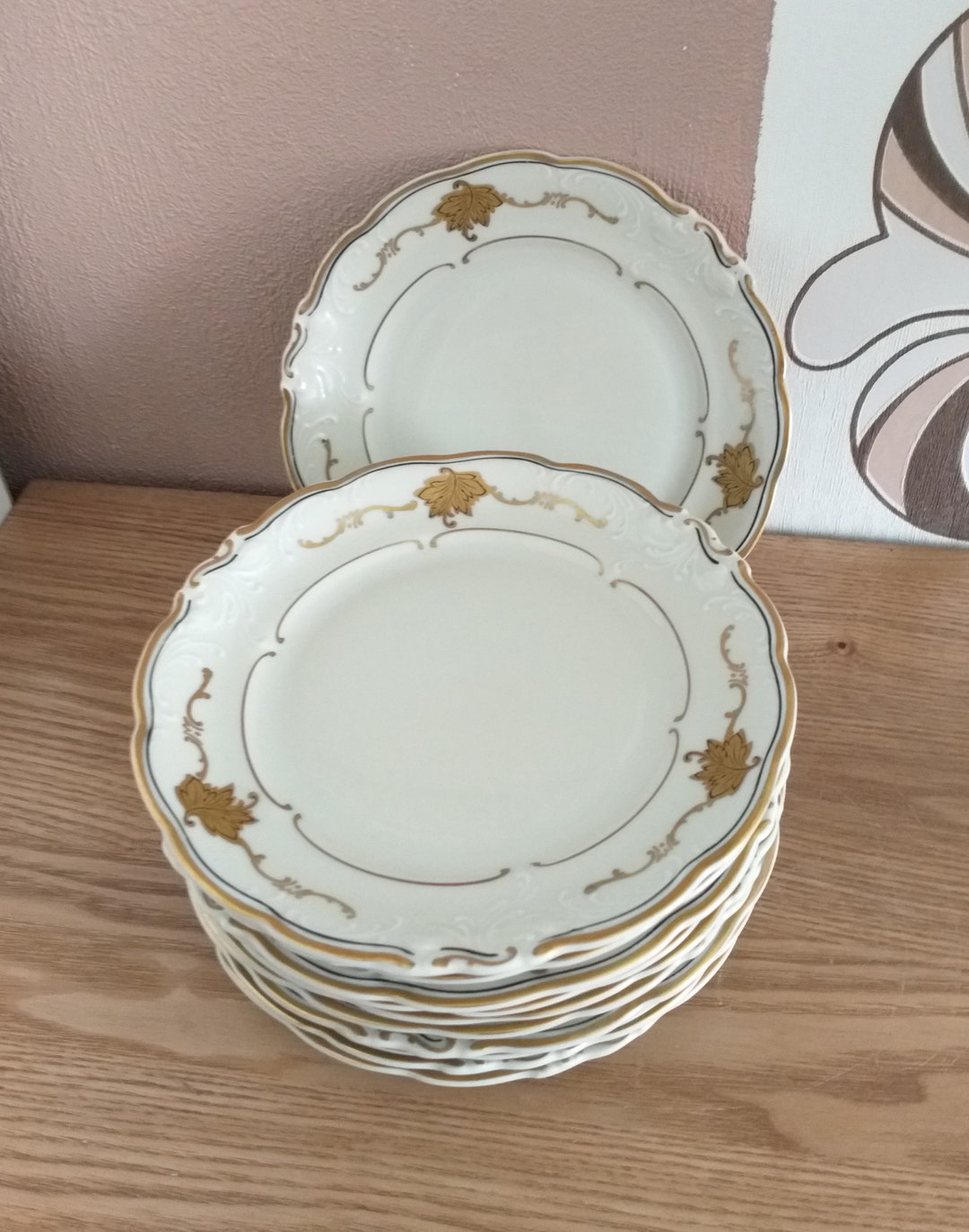 Vintage KPM POLAND Porcelain Plates With Golden Leaf Design SET 11 ...