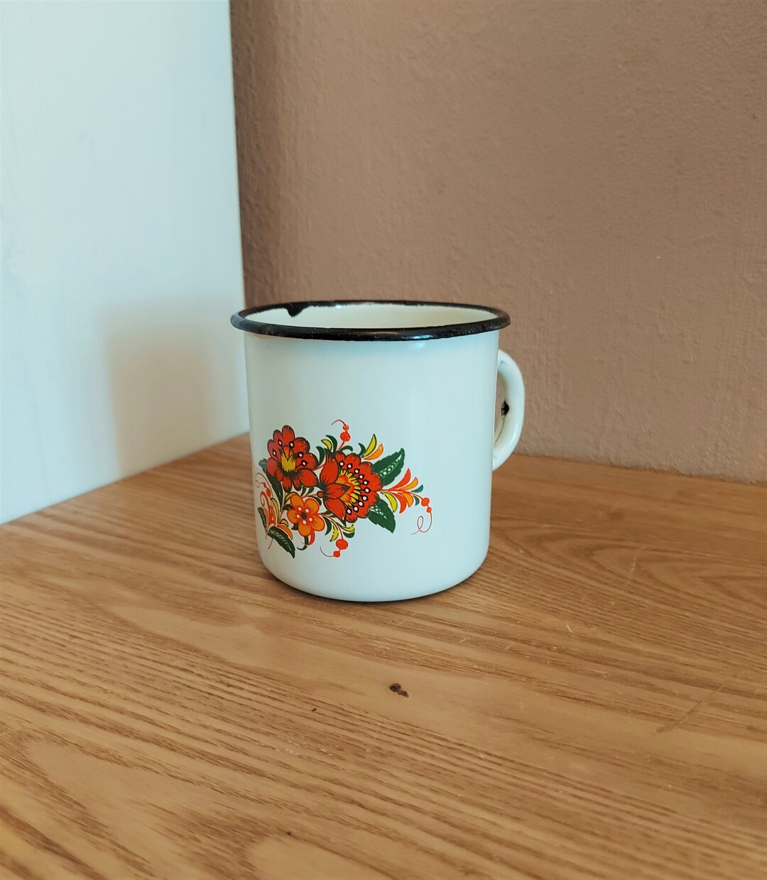 Vintage Enamel Metal Mug With Floral Motive, USSR, 1980s - Etsy